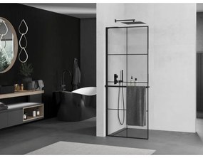Mexen Kioto+ L, sprchová zástěna Walk-In s poličkou a věšákem 90 x 200 cm, 8mm čiré sklo černý vzor, ​​černý profil, 800-090-123-70-77