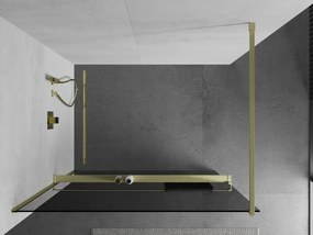 Mexen Kioto+, sprchová zástěna Walk-In s poličkou a věšákem 140 x 200 cm, 8mm šedé sklo, zlatý matný profil, 800-140-121-55-40