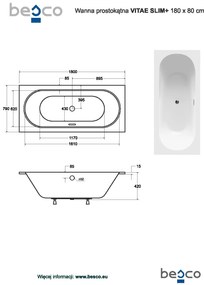 BESCO Obdélníková vana VITAE SLIM+ Barva sifonu - Zlatá, Nožičky k vaně - Bez nožiček, Rozměr vany - 180 × 80 cm - VANVIT18SLIMPLZ