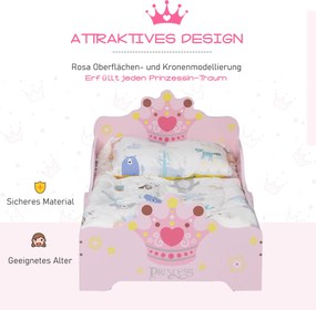 Dětská postel HOMCOM pro děti od 3 let, 143x73x60 cm, dřevěná postel s potiskem korunky, nosnost 50 kg, růžová