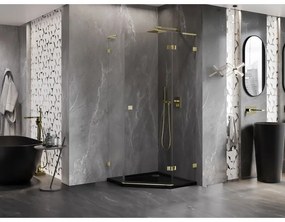 Mexen Lunar, L pravý výklopný pětiúhelníkový sprchový kout 100 x 100 cm, 8mm čiré sklo, zlatý profil, 831L-100P-100L-50-00-P