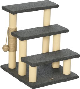 PawHut Kočičí Schody 3-Stupňové, 48 cm Pet Schody s Sisalovým Sloupem, Psí Schody s Hračkou, Pomůcka pro Vstup na Vyšší Postele, Borovicové Dřevo, Šed