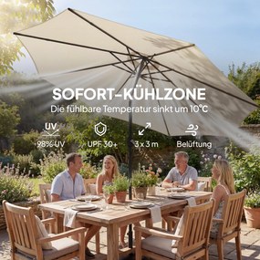 Slunečník cca Ø300 cm sklápěcí Balkonový slunečník s kličkou Křížový podstavec Pytlík na písek, UV 30+ Zatahovací Krémově bílá