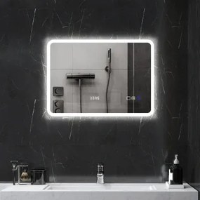 HOMCOM koupelnové zrcadlo s LED světlem 70x50 cm s Bluetooth, 3 barvy světla, digitální hodiny, funkce proti zamlžení, paměťová funkce