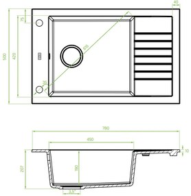 Laveo Pionier, 1-komorový granitový dřez 780x500x207 s krátkým odkapávačem, šedá, LAV-SBR_513T