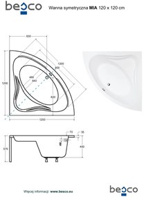 BESCO Rohová vana MIA Nožičky k vaně - S nožičkami, Rozměr vany - 120 × 120 cm - VANMIA120+OLVPINOZ