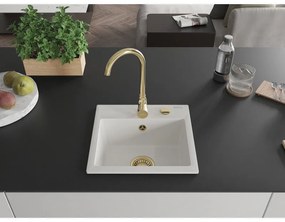Mexen Milo, granitový dřez 435x410x171 mm, 1-komorový, bílá se zlatým sifonem, 6505441000-20-G
