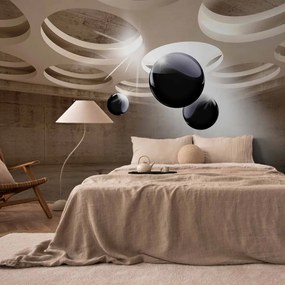 Fototapeta Abstrakce - betonový prostor s černými koulemi a bílým vzorem