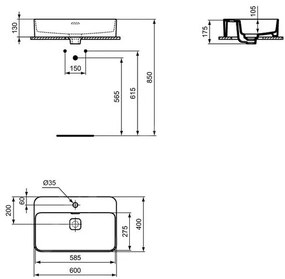 Ideal Standard Strada II Umyvadlo na desku 60x40 cm, 1 otvor pro baterii T299801