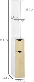 Kleankin koupelnový sloupek se 2 policemi a 2 skříňkami, vysoký úložný kabinet do koupelny v MDF, 15,2x29,8x118 cm, přírodní dřevo