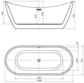 Mexen Lotos, volně stojící vana 140 x 75 cm, bílá, přepad broušený nikl, 52051407700-97