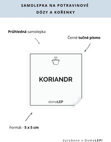 Samolepka na kořenky KORIANDR průhledná 5 × 5 cm tučné písmo