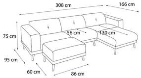 Šedá rohová pohovka a podnožkou Bobochic Paris Luna, levý roh, 308 cm