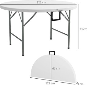Skládací kulatý boční stůl Outsunny s ocelovou konstrukcí a HDPE deskou, nosnost 80 kg, pro vnitřní i venkovní použití Ø122x73 cm Bílá