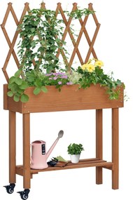 Vyvýšený záhon s treláží Outsunny, květinový box se policí, květináč na kolečkách, zahradní box pro terasu, balkon, masivní dřevo, hnědý, 79 x 29 x 13