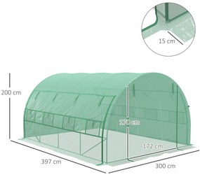 Outsunny polytunelový skleník 3,97x3x2m Walk-in, UV ochrana, rolovací kryty, ocel, zelený| Aosom