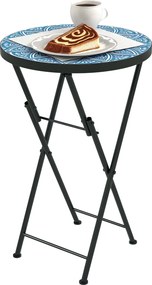 Skládací postranní stůl Outsunny s mozaikovým designem, kulatý odolný kovový balkonový stůl Ø35,5 x 55 cm, campingový stůl, skládací stůl, konferenční