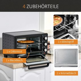 HOMCOM Mini trouba 21L, 3 režimy pečení, 100°C-230°C, 1400W, nerez a sklo, černá+stříbrná, 46.4x38x28.5cm