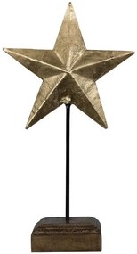 Dekorace zlatá antik kovová hvězda na dřevěném podstavci - 19*10*35cm