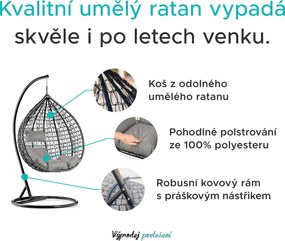 Černé závěsné křeslo KOKON bez stojanu, bílo-šedý polštář