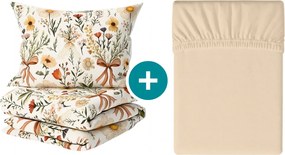 Sada krepového povlečení FLORAL RIBBON POLY barevné + prostěradlo Jersey 180 x 200 cm světle béžové, dvoulůžko