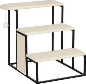 PawHut Pet Schody 3-Krokové Kočičí Schody Psí Schody se Škrabací deskou a Hračkou Doplňková Pomoc Praktické a Lehká Zvířecí Schody Ocel Sisal Krémově