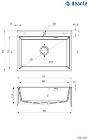 Deante Eridan, granitový dřez na desku 700x520x210 mm, 3,5" + prostorově úsporný sifon, 1-komorový, grafitová metalíza, ZQE_G103