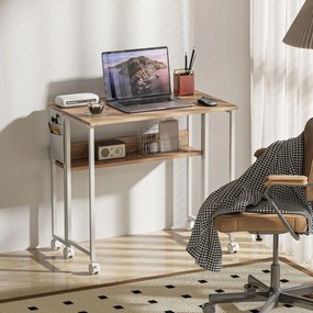 Skládací stůl HOMCOM s kolečky a policí - Kompaktní stůl s úložným prostorem pro notebook do malých prostor - 80x50x75 cm - Přírodní