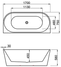 BPS-koupelny Volně stojící akrylátová vana ke stěně HYD-LE527D 170x75 bílá, odtokový komplet zlatý kartáčovaný