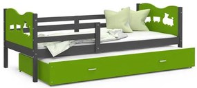 Dětská postel MAX P2 90x200cm s šedou konstrukcí v zelené barvě s motivem vláčku