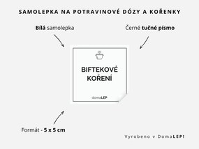 BIFTEKOVÉ KOŘENÍ - omyvatelná samolepka na kořenky, výběr rozměrů Ø 5 cm / 5 x 5 cm / 6 x 8 cm | DomaLEP tvar: KOLEČKO, barva: BÍLÁ - ČERNÉ písmo, velikost: Ø 5 cm - tučné písmo
