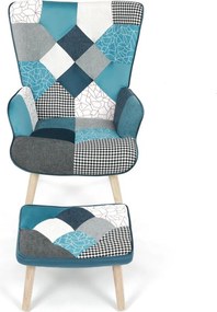 Relaxační křeslo ušák LISA + taburet — masiv, látka, modrý patchwork