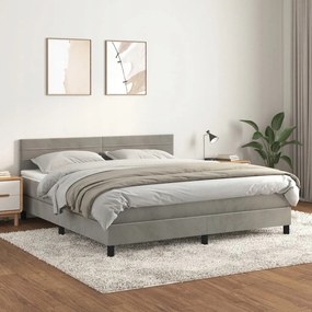 Box Spring Postel S Matrací Samet Světle Šedá vodorovné pruhy 160 x 200 c