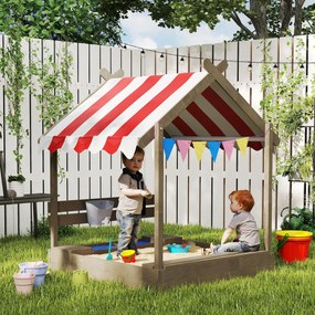 Outsunny Pískoviště s ochranou proti slunečnímu záření, design domečku na hraní, se sadou hraček, opracované masivní dřevo, 124 x 116 x 146 cm, šedá …