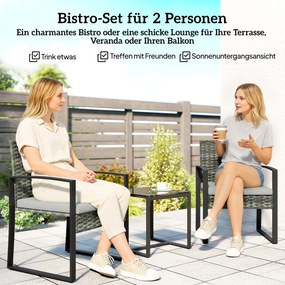 Ratanový bistro set, 3dílná sada zahradního nábytku se 2 zahradními židlemi, konferenčním stolkem, odnímatelnými polštáři, světle šedý