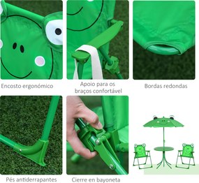 Zahradní set Outsunny pro děti – stůl a židle na piknik, skládací set pro děti se nastavitelným deštníkem 100-125 cm, design žabky, zelený