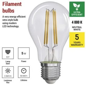 Emos lighting LED žárovka Filament A60 A CLASS/ E27 / 5 W (75 W) / 1 060 lm / neutrální bílá 1525283412