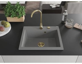 Mexen Elix, 1-komorový granitový dřez 600 x 500 mm, šedý, zlatý sifon - 6525601005-71-G