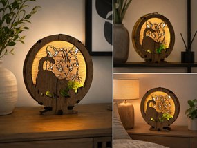 Li-Go "Kočka s mechem" dřevěná lampa s dvojitým podsvícením 20x22 cm dub