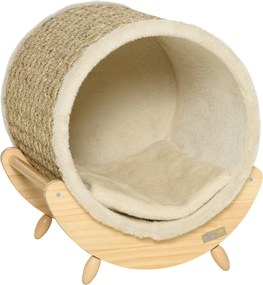 PawHut Kočičí Doupě Kočičí Postel s Policí Kočičí Domek s Škrabacím Padem Vnitřní Borové Dřevo Flanel Khaki+Přírodní Béžová 41 x 38 x 43 cm | Aosom