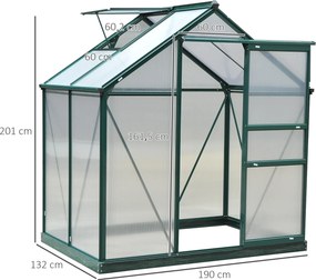 Outsunny Polykarbonátový Zeleninový Skleník 2,51 m² Hliníkový Skleník 190 x 132 x 201 cm UV-odolný, se Zpevněným Základem, Okapem, Střešním Okénkem a…