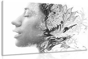 Obraz žena s malovanými květinami v černobílém provedení - 90x60 cm