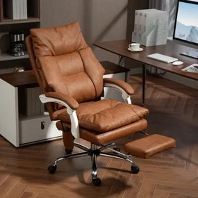 HOMCOM ergonomická kancelářská židle, kancelářské křeslo z PU, nafukovací bederní opěrka, sklopná opěradlo, výškově nastavitelné, hnědá