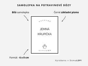 JEMNÁ KRUPIČKA - omyvatelná samolepka na dózu, výběr rozměrů Ø 5 cm / 5 x 5 cm / 6 x 8 cm | DomaLEP tvar: OBDÉLNÍK, barva: BÍLÁ - ČERNÉ písmo, velikost: š. 6 cm x v. 8 cm – základní písmo