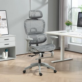 HOMCOM Kancelářská židle, ergonomická židle k psacímu stolu s potahem ze síťoviny, nastavitelná, na kolečkách, s opěrkami rukou, opěrkou hlavy, šedá
