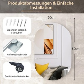 Costway LED nástěnné zrcadlo oválné stmívatelné koupelnové zrcadlo – 80 × 50 cm