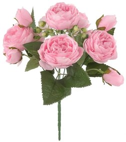 Umělá kytice 5 květů s listy - pivoňka, čajová růže Barva: Růžová