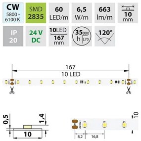 LED pásek McLED 24V studená bílá š=10mm IP20 6,5W/m 60LED/m SMD2835 ML-126.801.60.8