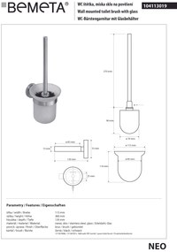 Bemeta Design NEO: WC štětka, na pověšení, nerez, sklo -