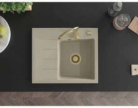 Mexen Ben, 1-komorový granitový dřez 600x500x190 mm, pravý + zlatý sifon, béžová, 6523605000-69-G